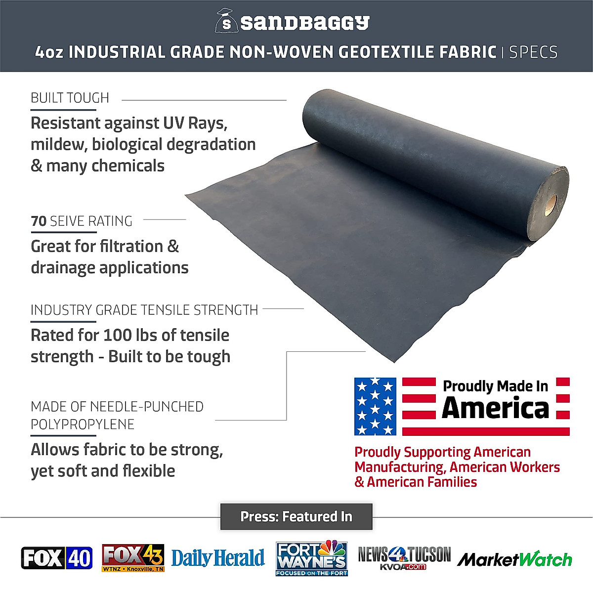 Sandbaggy Non Woven 4 oz Geotextile Landscape Fabric | Made in USA | 50 YEAR Fabric | Industrial Grade Fabric | French Drains | 100 Lbs of Tensile Strength | UV Protected | Approved by DOT (4 ft x 100 ft Roll)