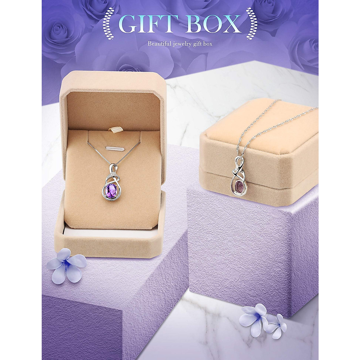 HXZZ Fine Jewelry Birthstone Gifts for Women Natural Gemstone Amethyst Sterling Silver Pendant Necklace Birthday Gift for Wife Mom Her