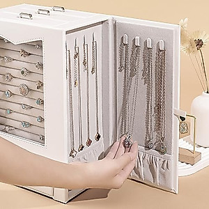 Homde Jewelry Organizer with Transparent Window Necklace Hooks Gift for Women Jewelry Box Display Case for Necklaces Rings Earrings Bracelets and Other Jewelry Accessories (White)