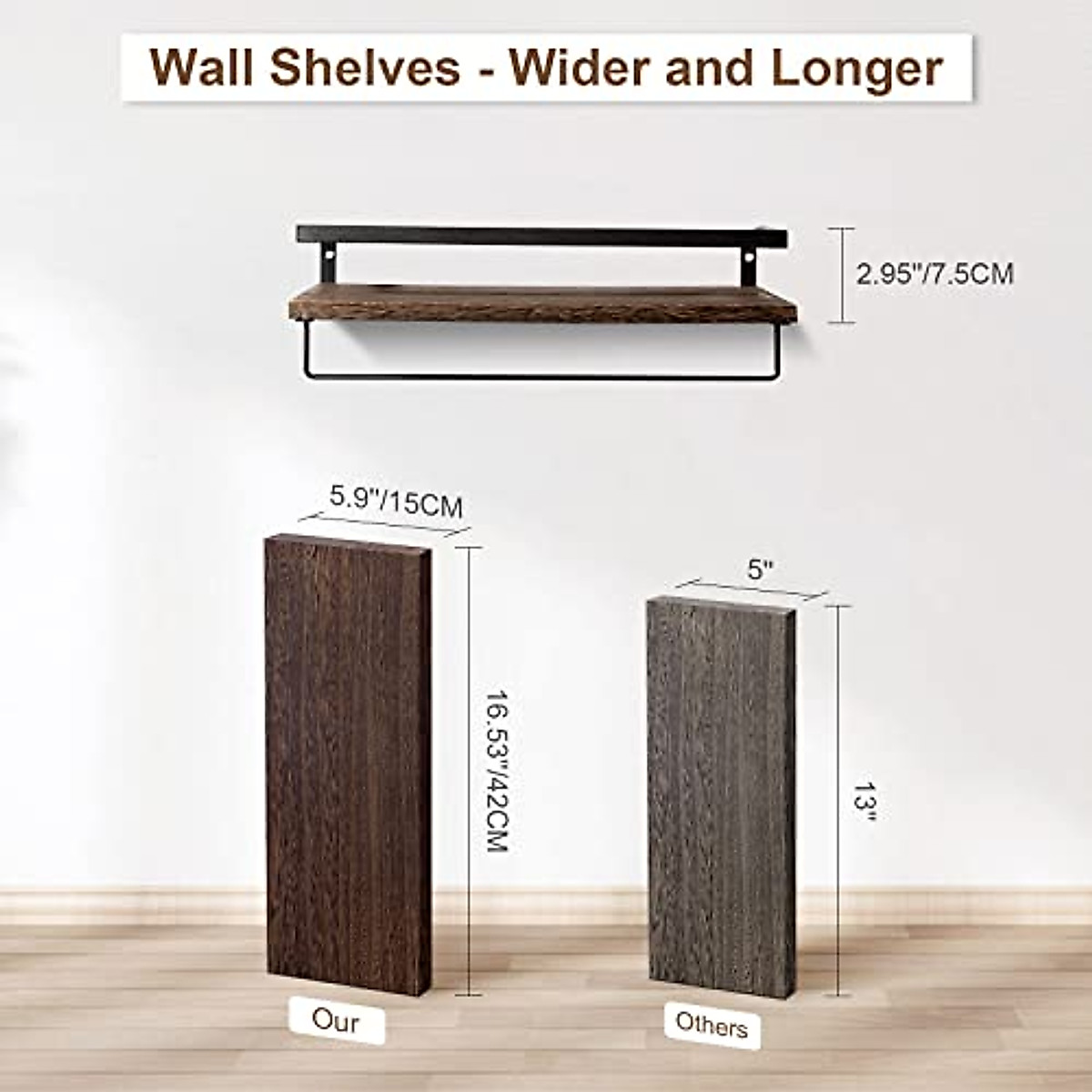 AGM Floating Shelves, Bathroom Floating Shelf Set of 2, Carbonized Black Wall Storage Shelf with Towel Bar, Wall Mounted Shelves for Plants, Book, Bathroom, Bedroom, Kitchen, Living Room Decoration