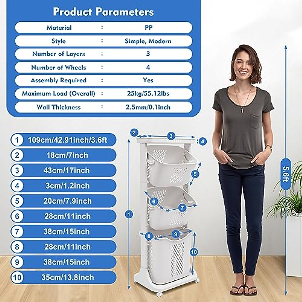 DNYSYSJ 3 Layer Storage Basket Movable Household Laundry Basket,Floor-Standing 360° Rolling Large Multi-layerClothes Organizer for Kitchen,living Room and Bathroom (3 Layer),White,16.92*12.99*42.91''