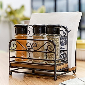 MyGift Black Metal and Burnt Wood Napkin Holder and Salt and Pepper Holder Caddy, Table Spice Jars and Condiment Napkin Rack with Vintage Scrollwork Design