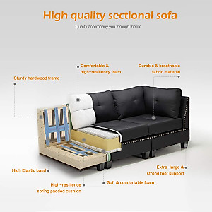 Esright 88.6” Convertible Sectional Sofa Couch with Ottoman, Modern Tufted Linen Fabric L-Shaped Couch with Reversible Chaise, Suitable for Office,Living Room and Hotel Lobby, Black