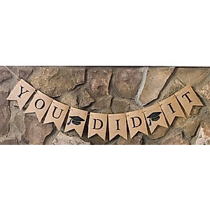 YOU DID IT Graduation Banner - Grad Party Supplies and Decorations - Gold and Black Balloons - Ready to Hang Graduation Burlap Banner by Jolly Jon