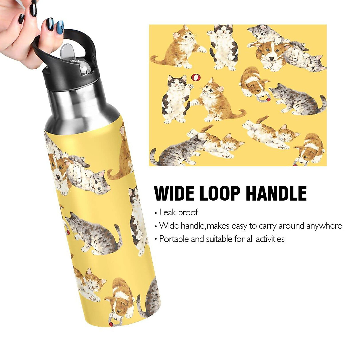 FUGIDOG Cute Cat Stainless Steel Sports Water Bottle with Straw Lid, BPA-Free, 32 oz Vacuum Insulation Flask Reusable Leak Proof Thermos for Fitness Travel Gym Cycling