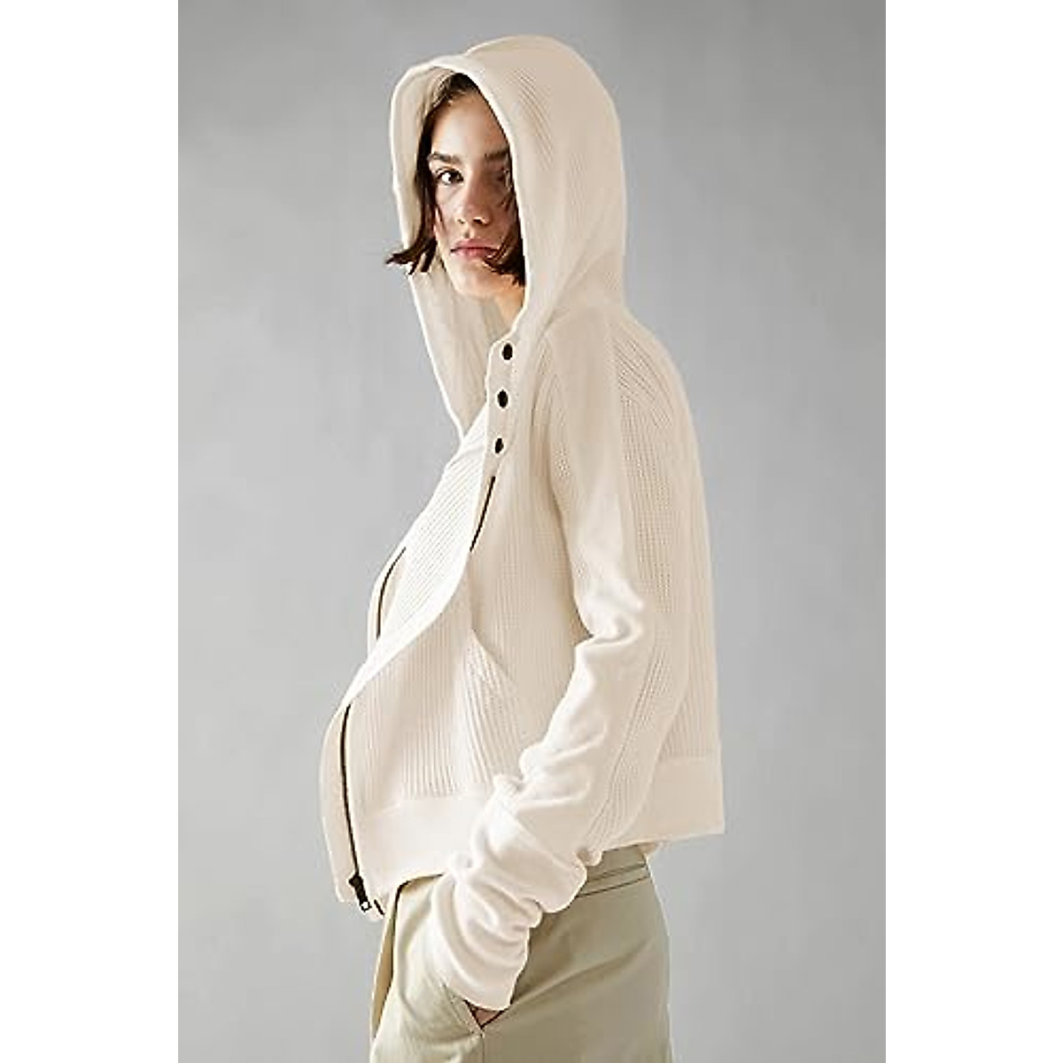 Azuki Stay Fashionable And Comfortable White SweatshirtWwomen Zip-Up In Waffle Grid Fabric-Size XL