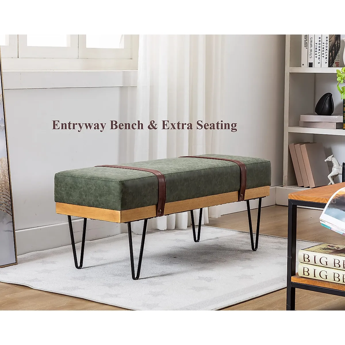 DUOMAY Industrial Modern PU Rectangle Ottoman Bench with PU Strap and Metal Legs, Mid Century Dining Table Bench Footstool Entryway Shoe Bench for Bedroom Dining Room Living Room, Green