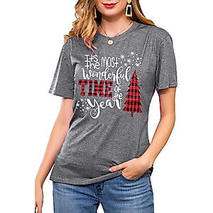 Merry Christmas Shirts for Women Xmas Buffalo Plaid Tree Shirt Top Short Sleeve Casual Graphic Print T Shirt Grey