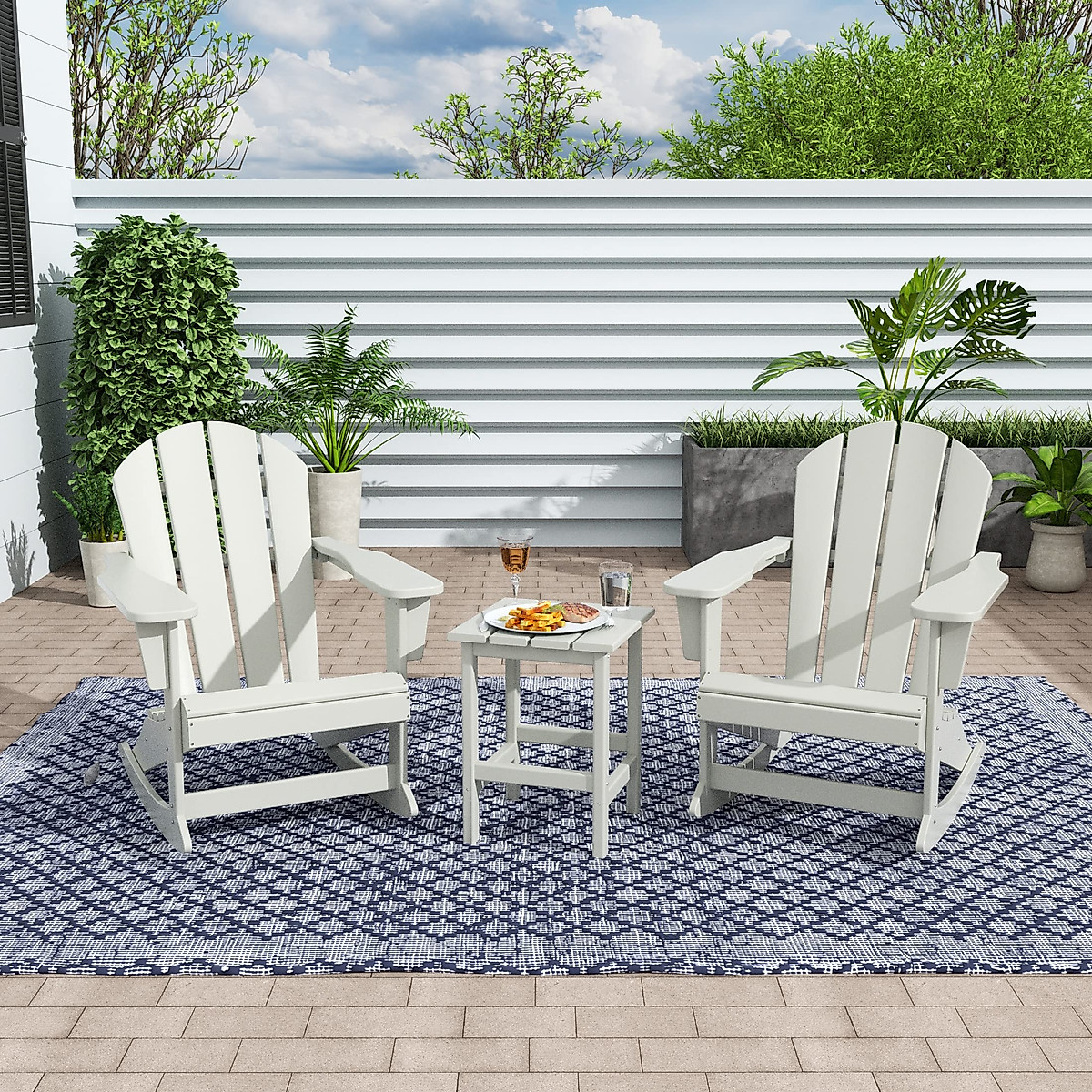 WestinTrends Malibu 3 Piece Outdoor Rocking Chair Set, All Weather Poly Lumber Porch Patio Adirondack Rocking Chair Set of 2 with Side Table, Sand