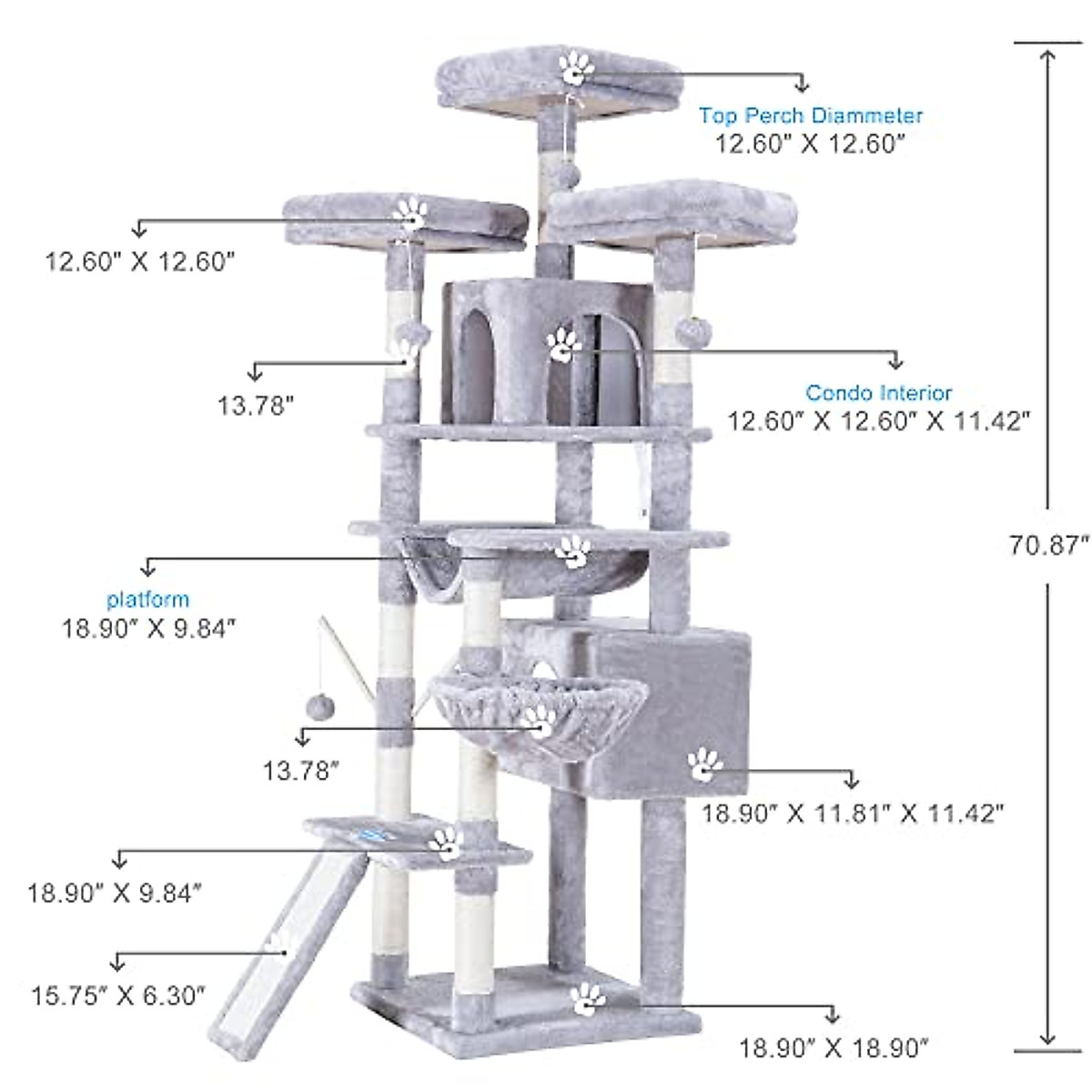 Hey-brother Cat Tree, 71 inches XL Large Cat Tower for Indoor Cats, Multi-Level Cat House with 3 Padded Perches, Big Scratcher, Cozy Basket, 2 Cat Condos and Scratching Posts, Light Gray MPJ034W
