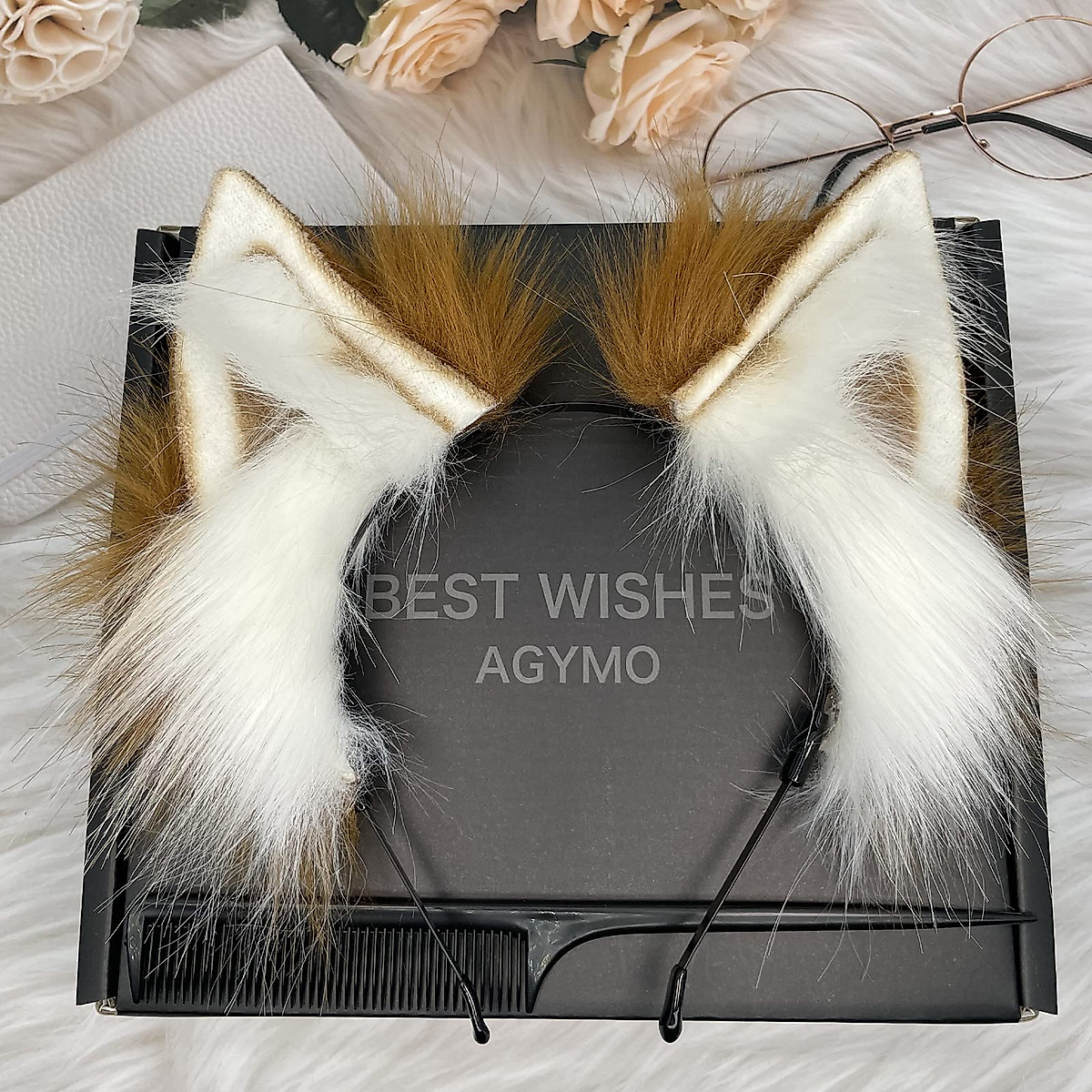 Agymo Brown Fox Ears Headband, Handmade Big Wolf Ears Cosplay, Animal Ears, Gorou Costume Headwear, Halloween Christmas Gifts, Funny Wolf Gifts