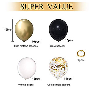 Black and Gold Confetti Balloons, 50 Pack 12inch White Latex Party Balloon Set with Gold Ribbon for Graduation Wedding Birthday Baby Shower Decorations