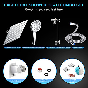 Luxsego 10-Inch Ultra-Thin Stainless Steel Rainfall Showerhead with 3-Way Diverter, Handheld Shower, and Adjustable Extension Arm