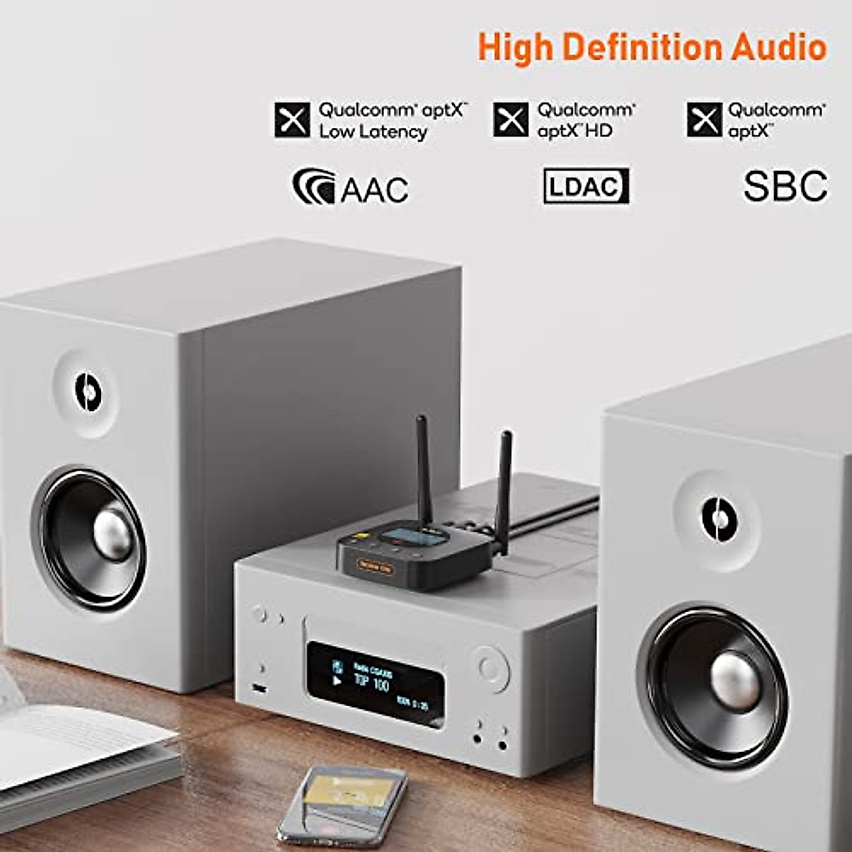 1Mii B06Pro+ Bluetooth Receiver, Hi-Res Bluetooth 5.1 Wireless Audio Adapter w/LDAC for Home Stereo, Long Range HiFi Bluetooth Receiver aptX HD Low Latency Volume Control LCD Display