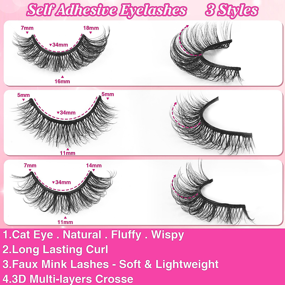 Self Adhesive Eyelashes 3 Styles False Lashes Natural Look Wispy Cat Eye Fake Eyelashes Reusable Adhesive Natural Lashes