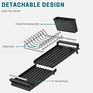 E-ROOM TREND Extendable Dish Drying Rack, Multifunctional Dish Rack for Kitchen Counter, Anti-Rust Drying Dish Rack with Cutlery Holders 18.6" L x 7.9" W, Black(DR402B)