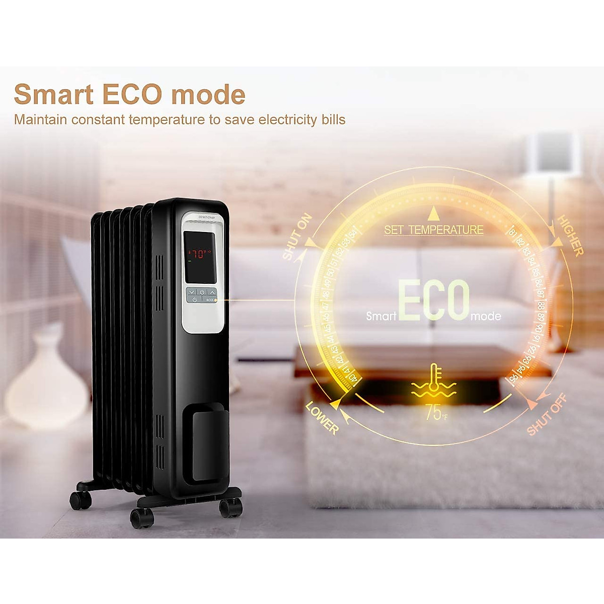 Space Heater, KopBeau 1500W Oil Filled Radiator Electric Heater with Digital Thermostat, 24 Hrs Timer & Remote, Portable Heater for Full Room Indoor