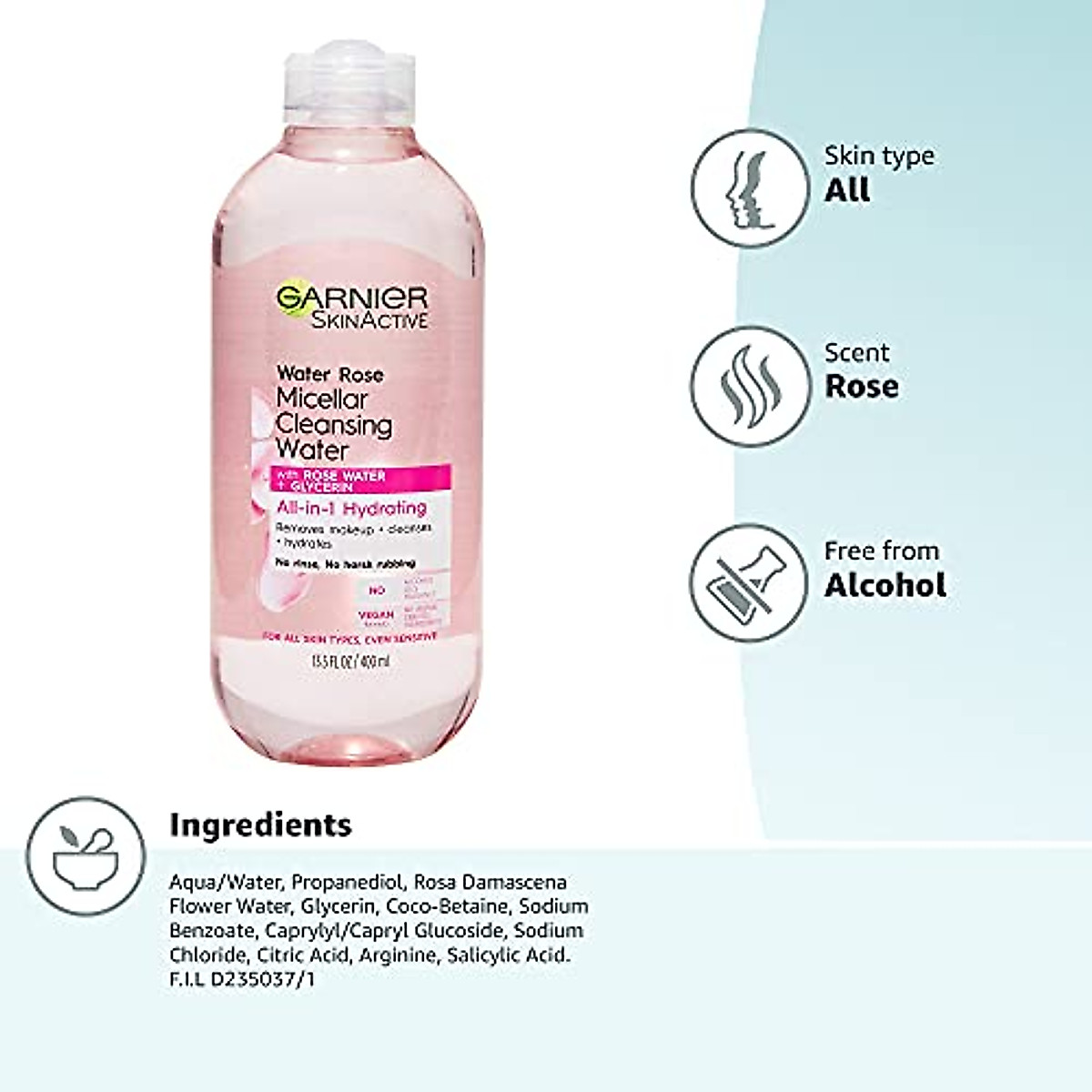 Garnier SkinActive Micellar Water with Rose Water and Glycerin, Facial Cleanser & Makeup Remover, All-in-1 Hydrating, 13.5 fl. oz, 1 count (Packaging May Vary)
