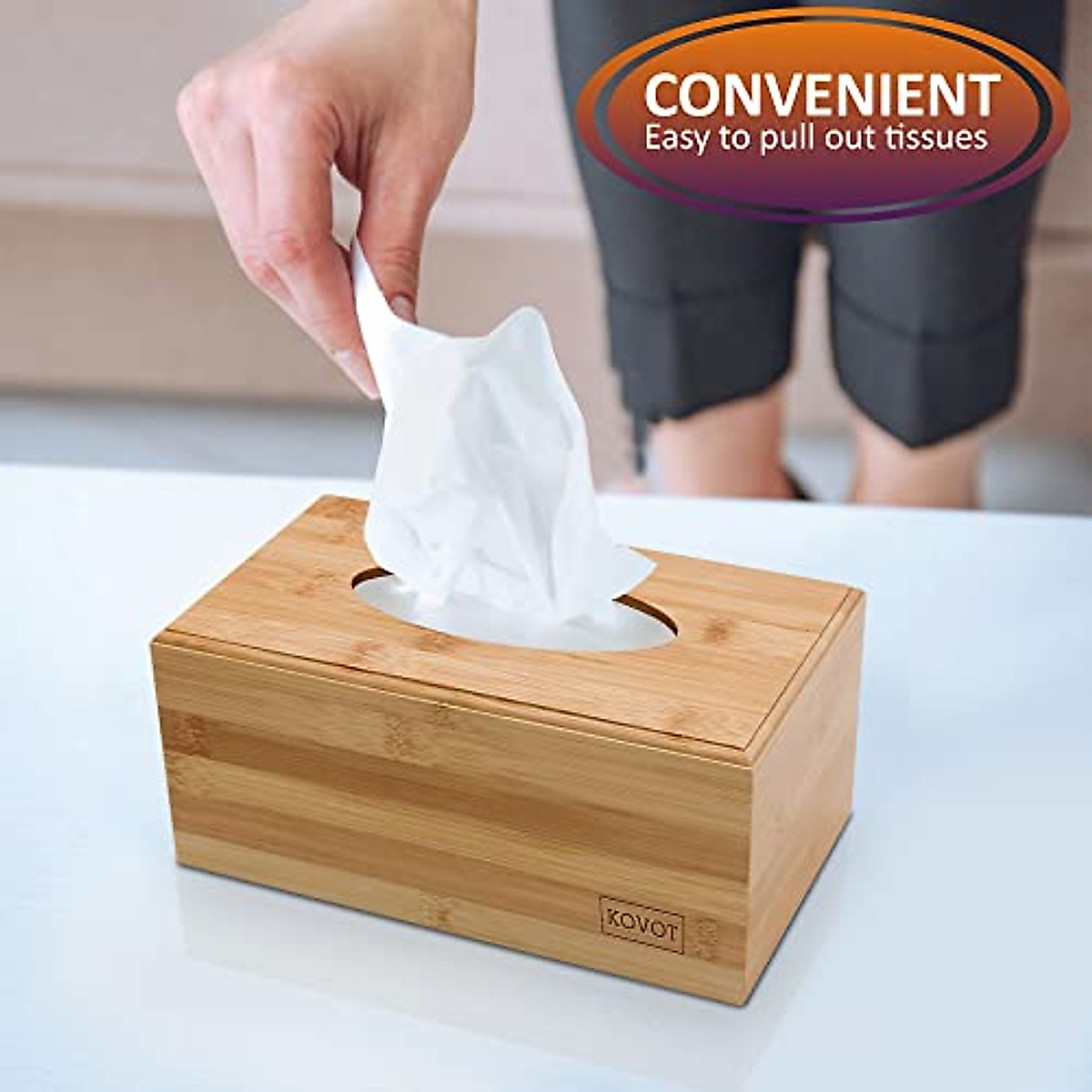 KOVOT Rectangular Tissue Box Holder - Natural Bamboo Tissue Box Cover with Sliding Bottom - Modern Brown Natural Wooden Rectangular Tissue Holder - Fits a Standard Tissue Box 9.25" L x 5" W x 3.75" H