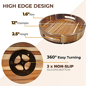 PANDAWOOD 12 Inch Lazy Susan Organizer 100% Acacia Wood - Large Lazy Susan Turntable Organizer for Cabinet, Dining Table, Bathroom, Pantry - Kitchen Cabinet Countertop Organizer - Spice Lazy Susan