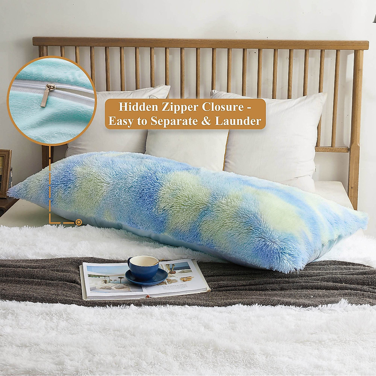 XeGe Rainbow Shaggy Faux Fur Body Pillow Cover, Tie Dye Fluffy Bed Pillow Case with Zipper Closure, Soft Decorative Plush Long Pillow Sham, Fuzzy Hug Pillow for Kids Children Girls Women 20"x54" Blue