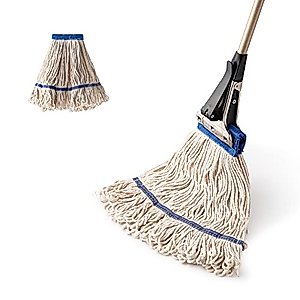 Eyliden Heavy Duty Commercial Cotton Mop Looped-End String Wet Industrial Mops 2pcs Cotton Head with Extendable Handle and Patent Stainless Steel Jaw Clamp Home Office Cement Floor Use