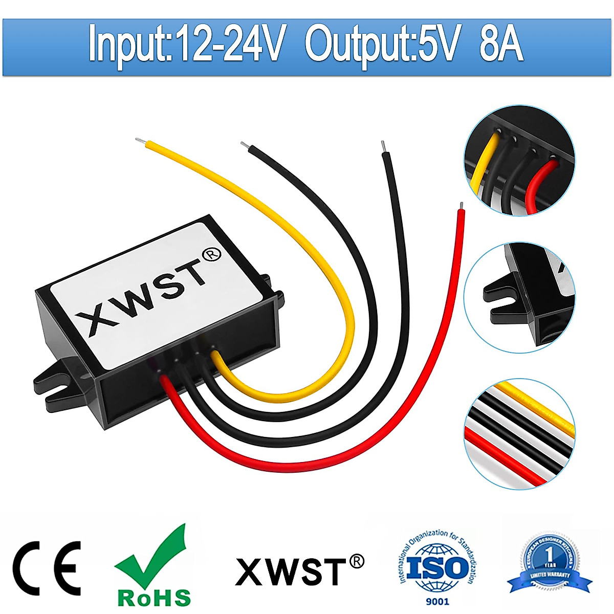 XWST DC 12V 24V Step Down to 5V 8A 40W Converter Voltage Reducer, 5Volt regulator Waterproof DC/DC Buck Transformer Power Supply