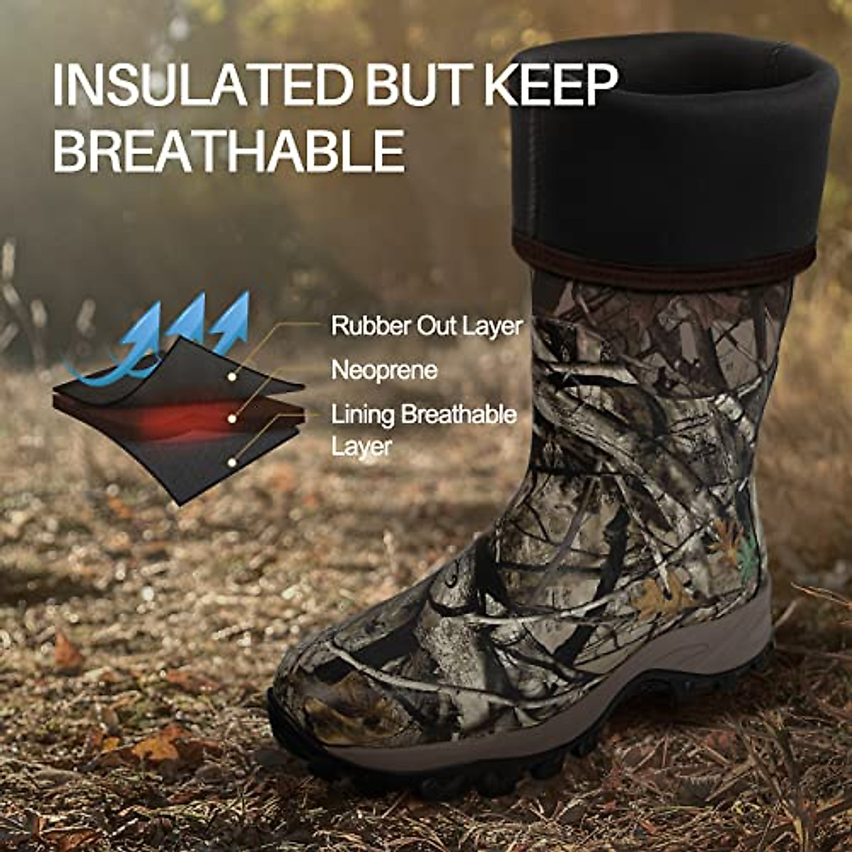 Obcursco Hunting Boots for Men, Waterproof Insulated 6mm Neoprene Rubber Boots for Hunting and Outdoor Activities (Camo, 10)