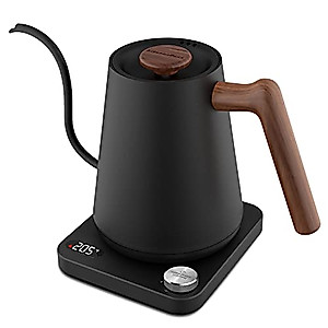 Electric Gooseneck Pour Over Kettle: KitchenBoss 1 Liter Temperature Control Coffee Kettles, 1350W Quickly Heating and Keep Warm Settings Stainless Steel Walnut Handle with Mute Mode (Charcoal Black)
