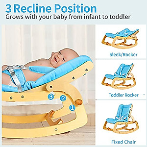 MallBest 3-in-1 Baby Bouncer Adjustable Wooden Rocker Chair Recliner with Removable Cushion and Seat Belt for Infant to Toddler (Blue)
