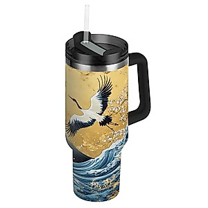 Flradish 40oz Tumbler with Handle, Grus Japonensis Stainless Steel Tumbler with Lid and Straws Double Wall Vacuum Insulated Leakproof Coffee Travel Mug