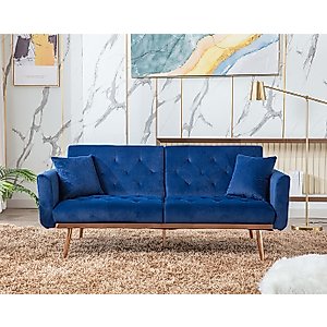 SLEERWAY Velvet Futon Sofa Bed with 5 Golden Metal Legs, Sleeper Sofa Couch with Two Pillows, Convertible Loveseat for Living Room and Bedroom, Blue