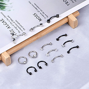 Anicina 16G Eyebrow Rook Curved Barbell Piercing Jewelry Surgical Steel Rings Rook Earrings for Women Horseshoe Rook Eyebrow Septum Piercing Hoop Silver Black