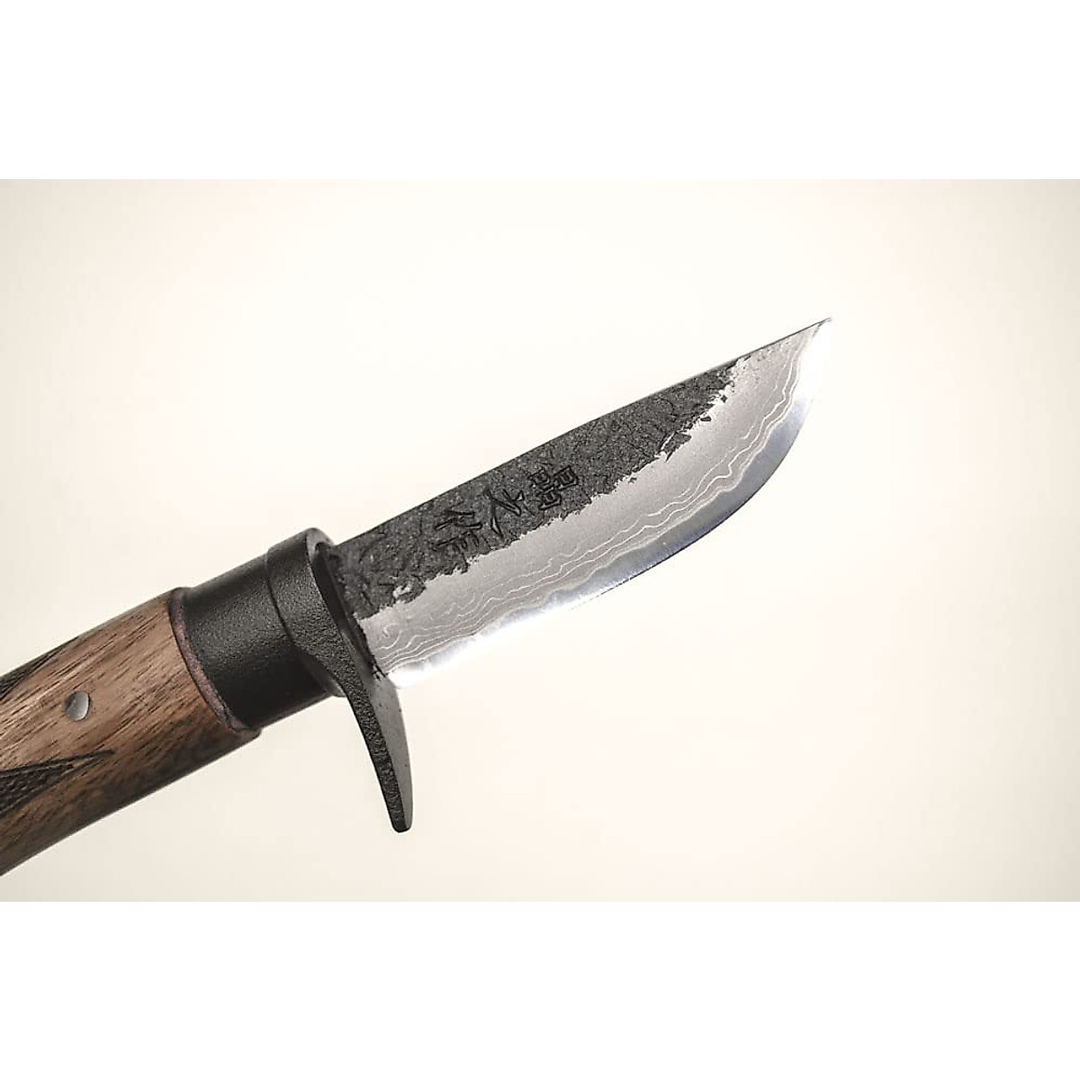 Masano Tosa Forged Damascus Mini Knife bip-811 Sword-shaped Blade Double Edge Blue 2 Damascus Steel Black Hammer Black Guard Wood Handle(Oil Stained) Wood Case(Oil stained) with band Bushcraft