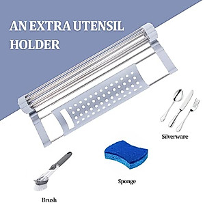 COSYSILK Over The Sink Roll Up Dish Drying Rack Dish Drainer for Kitchen Sink, Foldable Stanless Steel Roll Up Sink Dish Drying Rack with Utensil Holder for Sliverware Size 17.0" x 13.0" (Gray)