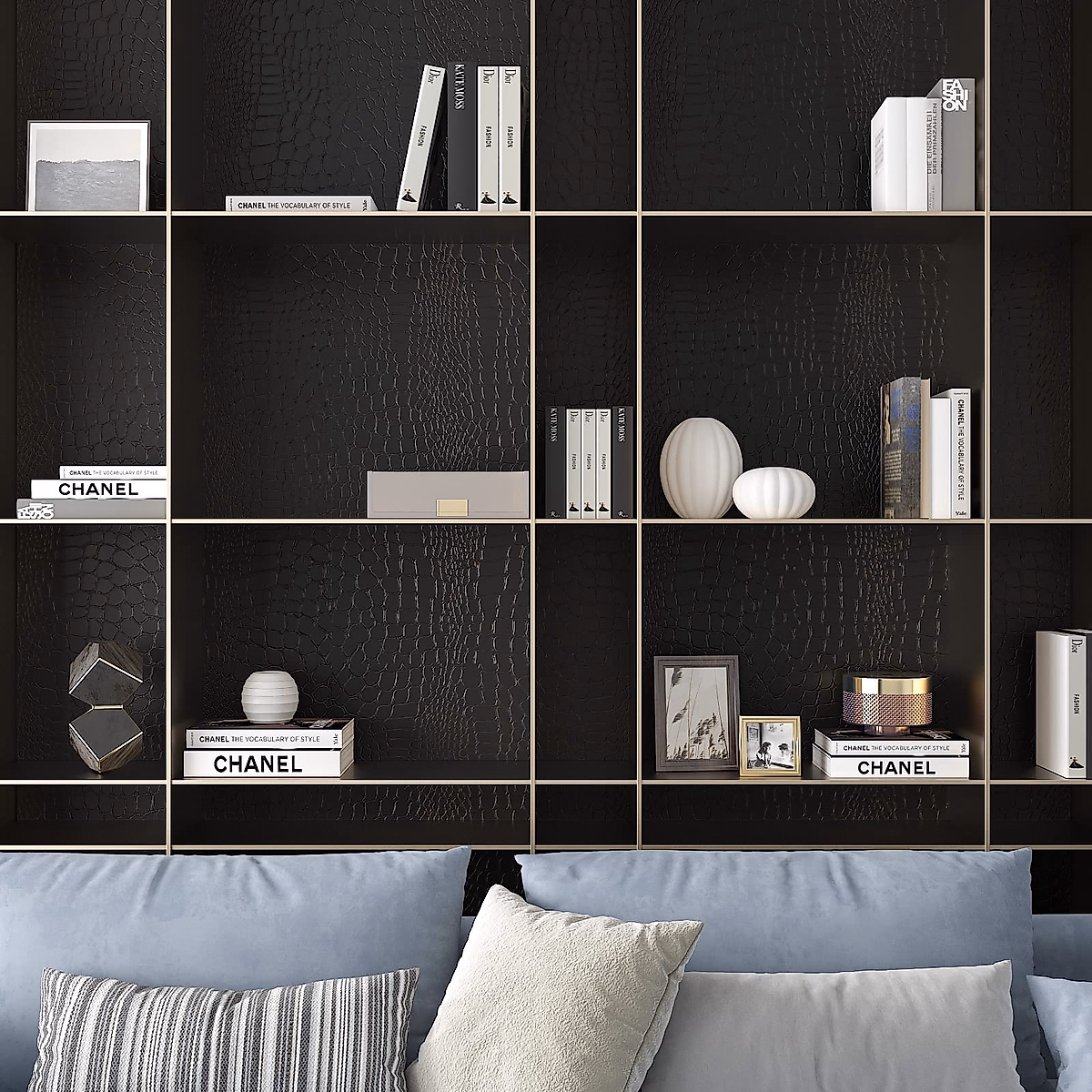 CHIHUT Lavish Black Crocodile Wallpaper Peel and Stick Wallpaper 30"x236" Wide Size Faux Alligator Textured Wallpaper Self Adhesive Removable Black Contact Paper for Bathroom Bedroom Walls Cabinets