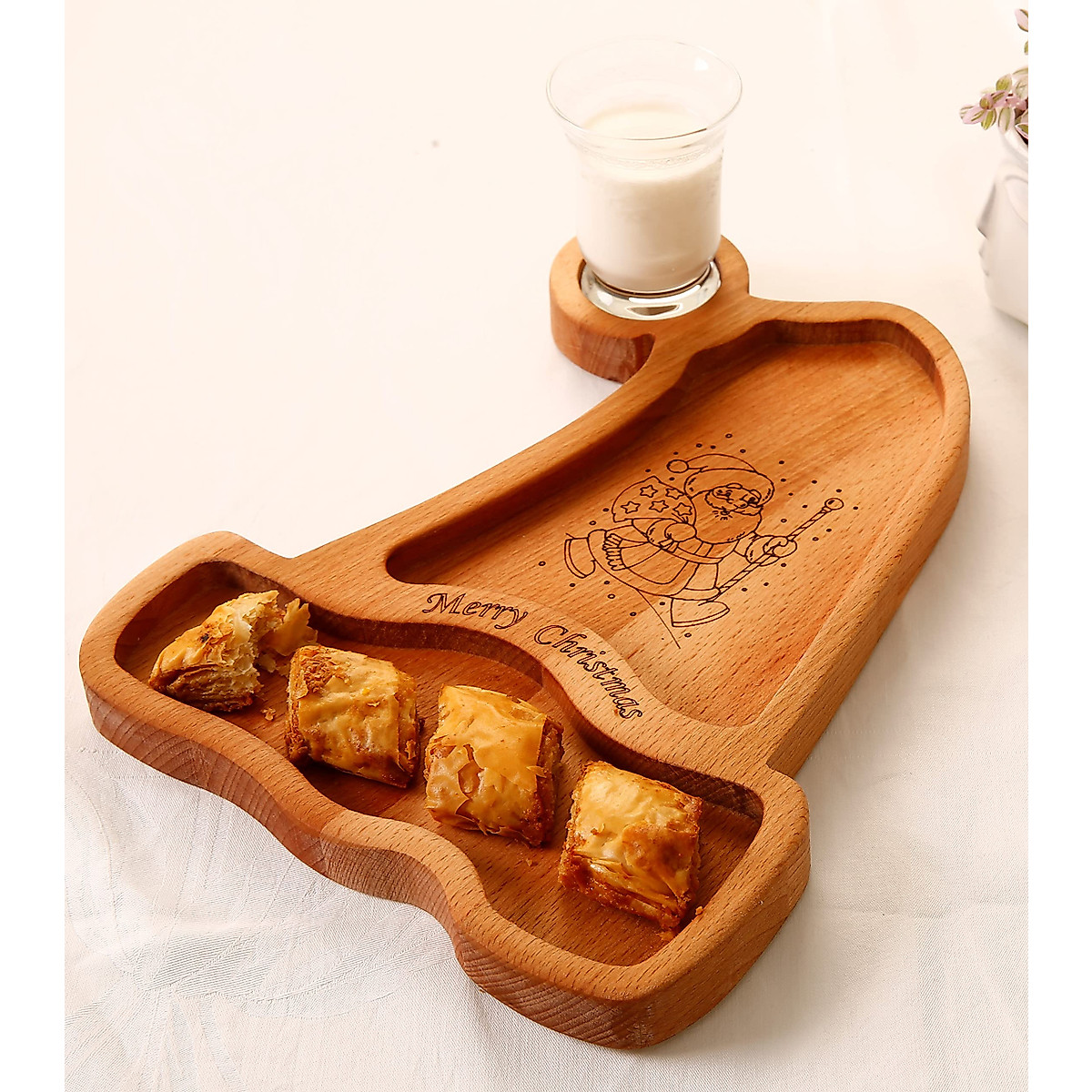 Christmas Hat Shaped Wooden Santa Cookie - Milk Plate Hand Made from Beechwood Tree, Brown, 11.8 x 9.44 x 0.787 inches