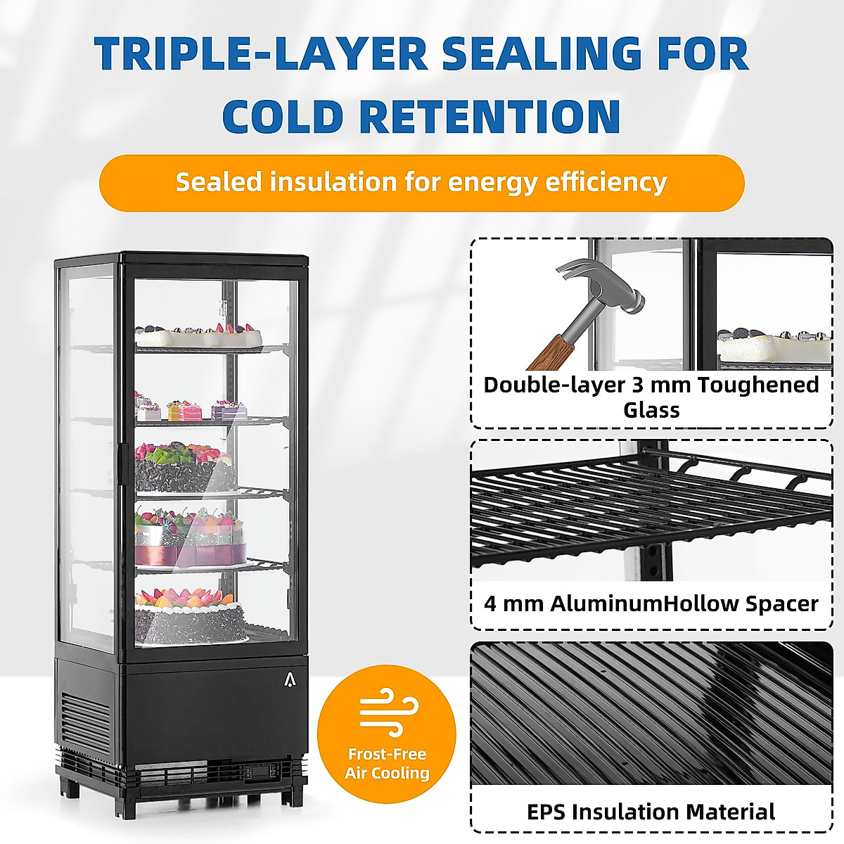 Towallmark Refrigerated Display Case, 3.5 Cu.Ft, Countertop Pastry Display Case Commercial Display Refrigerator with LED Lighting, Frost-Free Air-Cooling, Locked Door for Bakery