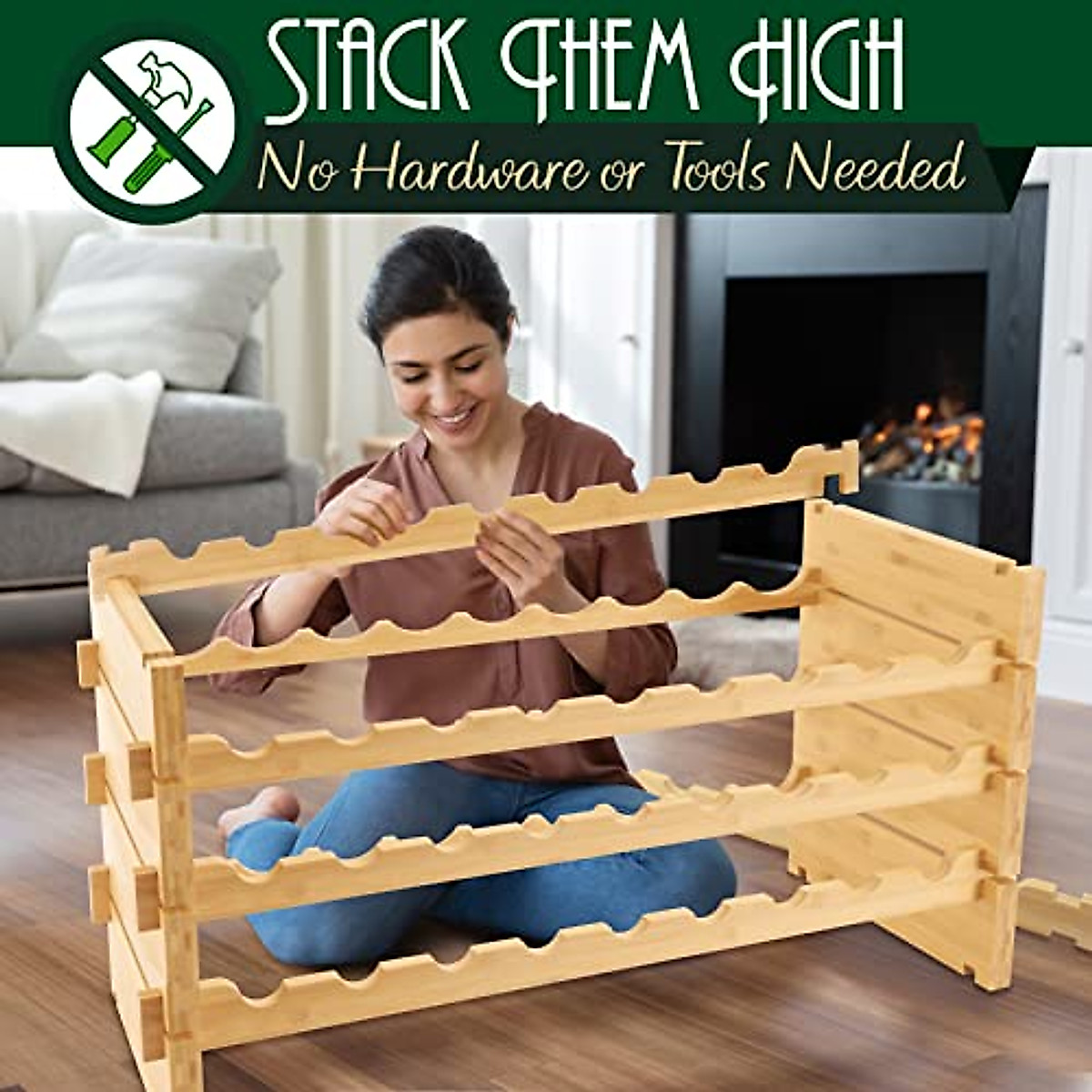 SereneLife 36 Bottle Stackable Wine Rack, 33.5” x 10” x 21” 4-Tier Large Floor Freestanding Modular Wine Bottle Storage Display Shelf Natural Bamboo Wood Construction for Kitchen and Cellar