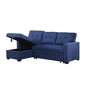 Devion Furniture L-Shaped Polyester Fabric Reversible, Easy Convertible Pull-Out Sleeper Sectional Sofa/Storage Chaise with Tufted Back Cushions and Track Arms in Blue