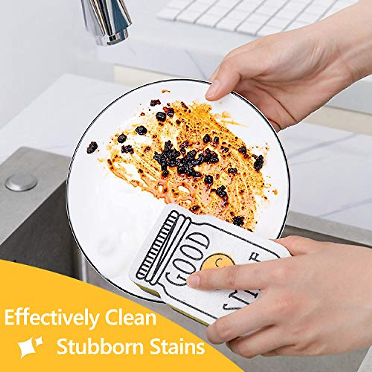 MTZRFLL Smiley Scrub Sponges, Non-Scratch Kitchen Cleaning Sponges, Multi-Purpose Microfiber Dishwashing Sponge for Dishes (8 Pack)