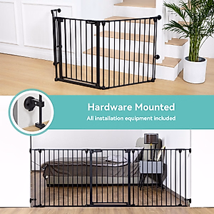 COMOMY 80" Extra Wide Baby Gate, Dog Gate for House Stairs Doorways Fireplace, Auto Close Pet Gate with Door Walk Through, 3 Metal Panels, Hardware Mounted Baby Fence Indoor Outdoor(30" Tall, Black)