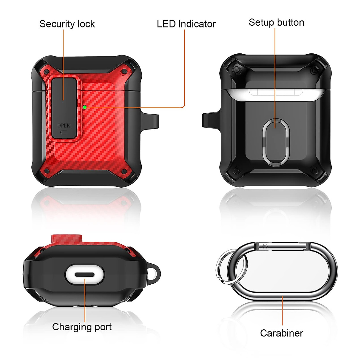 Lopnord Lock Compatible with Apple Airpods Case 2nd Generation, Rugged Case Cover for AirPods 1st with Keychain (Red)