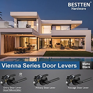 BESTTEN Heavy Duty Matte Black Entry Door Lever with Removable Latch Plate, All Metal Round Door Handle, Exterior Interior Entry Locks, Commercial and Residential, Vienna Series