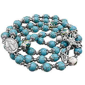 Nazareth Store Catholic Turquoise Marble Beads Rosary Flowers Beaded Necklace Miraculous Medal Cross Crucifix Silver Tone Rosaries in Velvet Bag