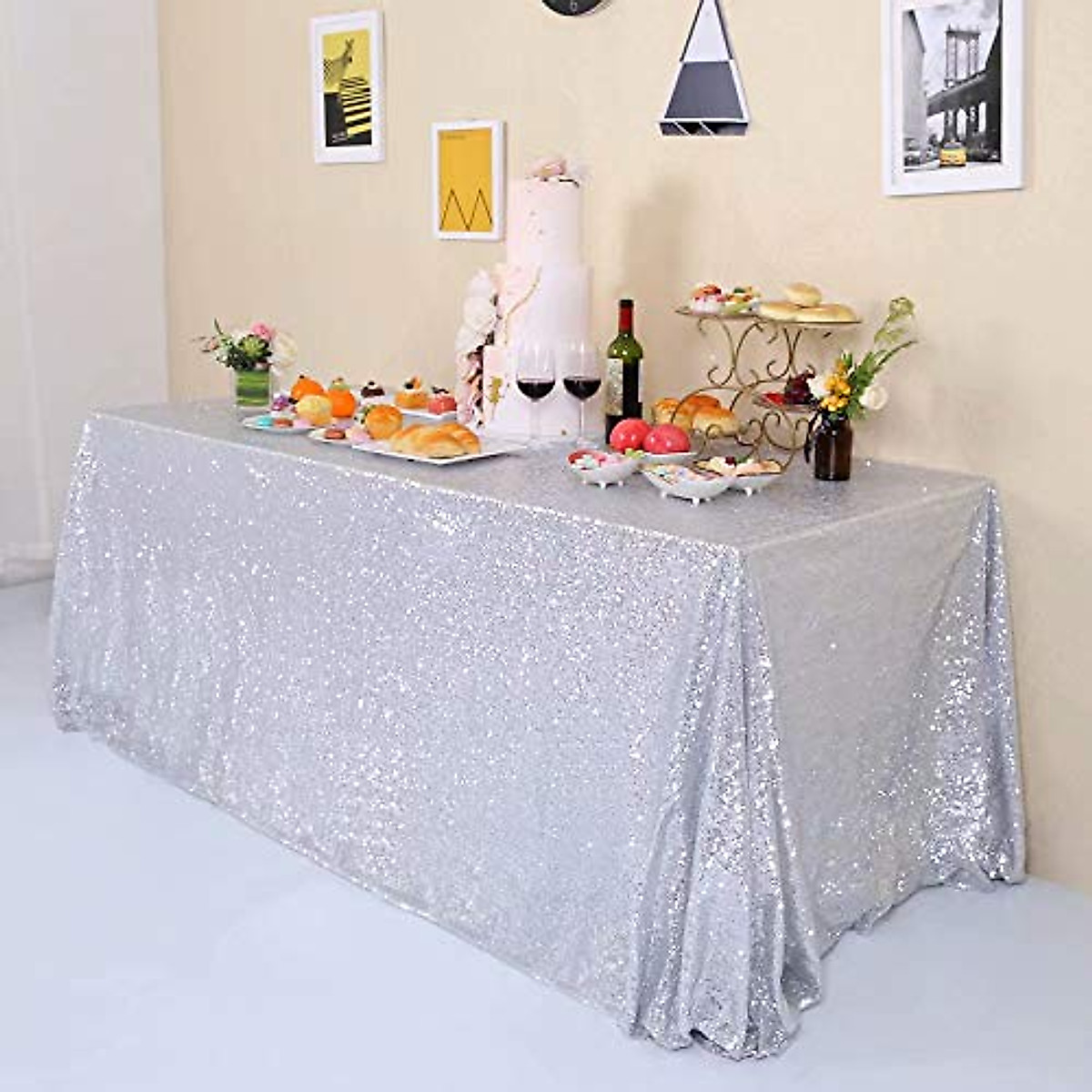 GFCC Glitter Silver Sequin Tablecloth for Party Wedding Banquet 60x120 inch Sparkly Rectangle Table Cloth Cake Table Cover Linen