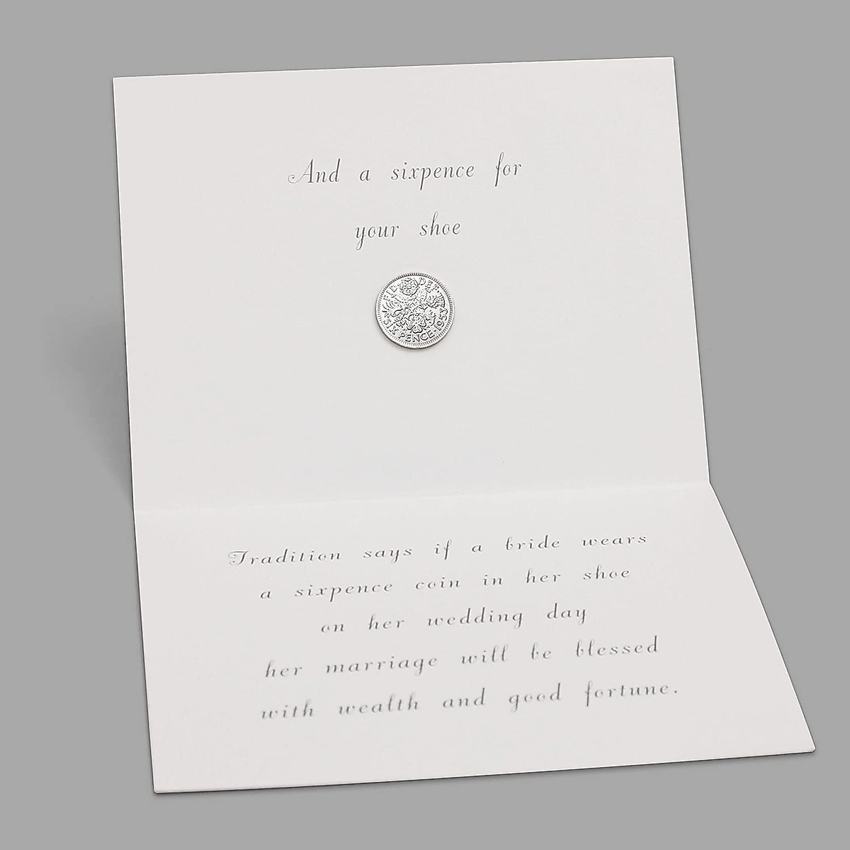 Old Sixpence Coin and Wedding Card for Bride, Something Old, Something New, Something Borrowed, Something Blue, and a Sixpence for Her Shoe. (1953)