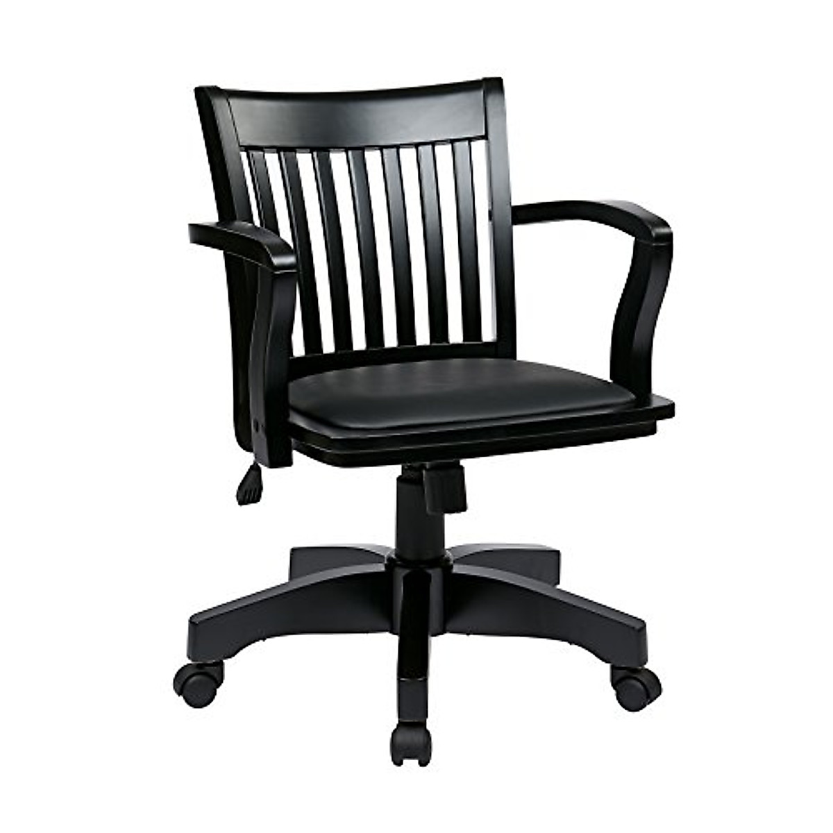 OSP Home Furnishings Deluxe Wood Banker's Desk Chair with Padded Seat, Adjustable Height and Locking Tilt, Black Finish and Black Vinyl