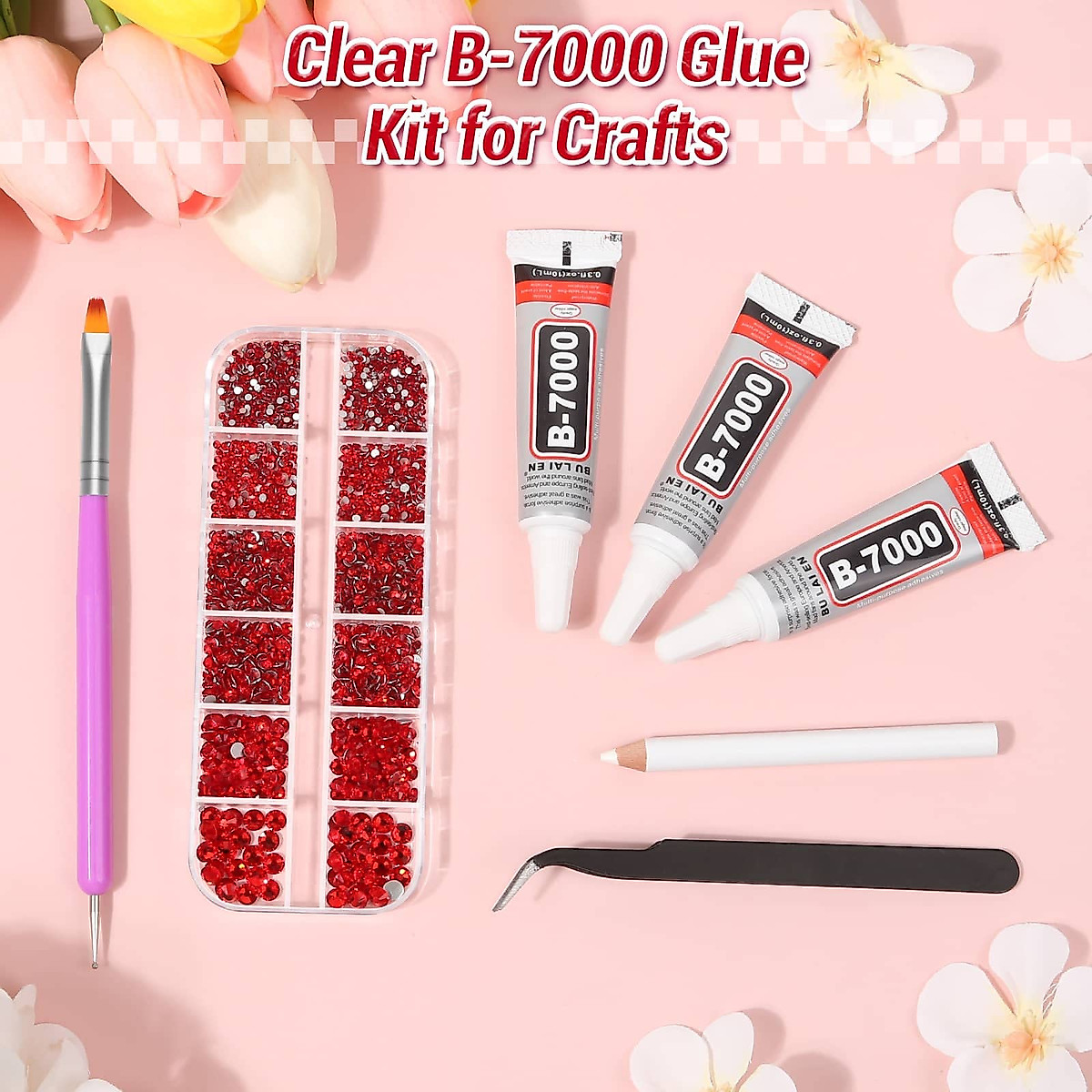 Audab Red Rhinestone with B7000 Adhesive Glue for Craft, 2100Pcs Flat Back Rhinestones Crystal Gems with Dotting Tools Clear Craft Glue for Clothes Fabric Shoes Jewelry Making Nail Art Makeup