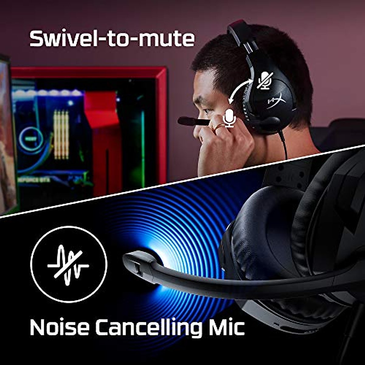 HyperX Cloud Stinger S – Gaming Headset, for PC, Virtual 7.1 Surround Sound, Lightweight, Memory Foam, Soft Leatherette, Durable Steel Sliders, Swivel-to-Mute Noise-Cancelling Microphone, Black